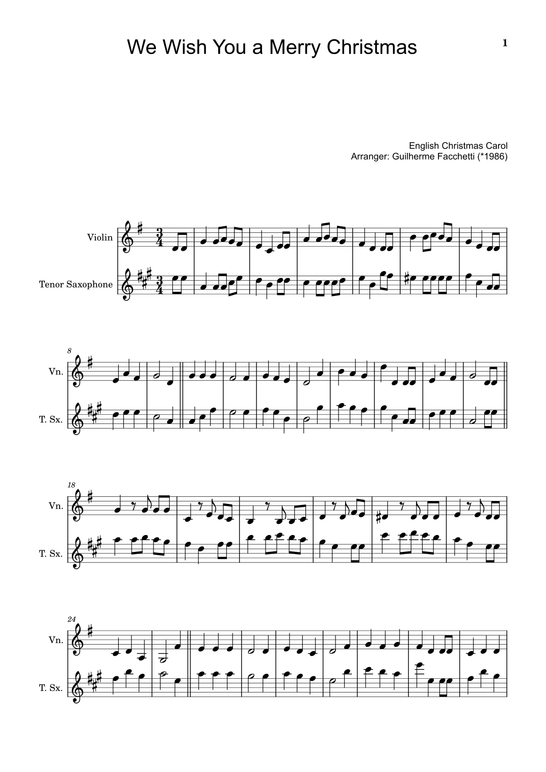 We Wish You a Merry Christmas - For Violin and T. Sax. (arr. Guilherme ...