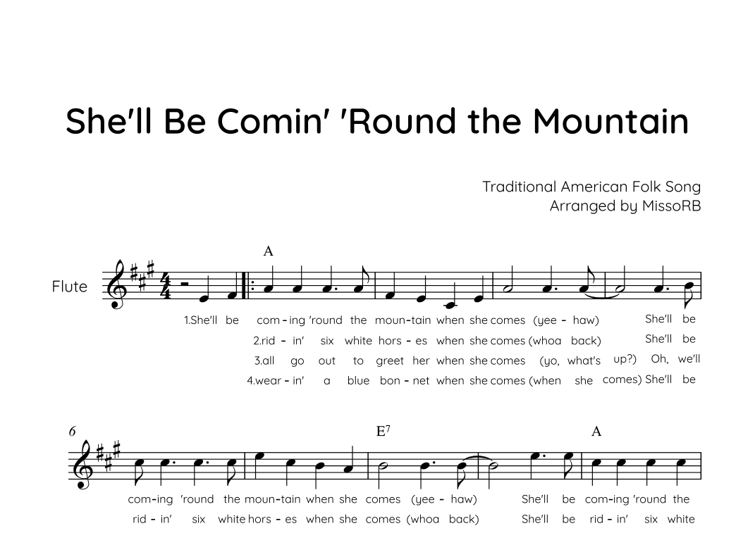 She'll Be Comin''Round the Mountain - Flute in A With Chords & Lyric ...