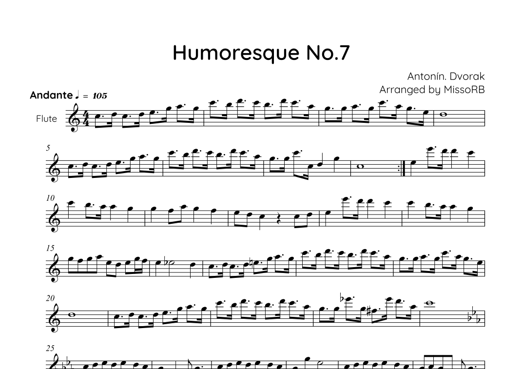 Humoresque No. 7 - Flute in C - Easy / Intermediate (arr. MissoRB by A ...