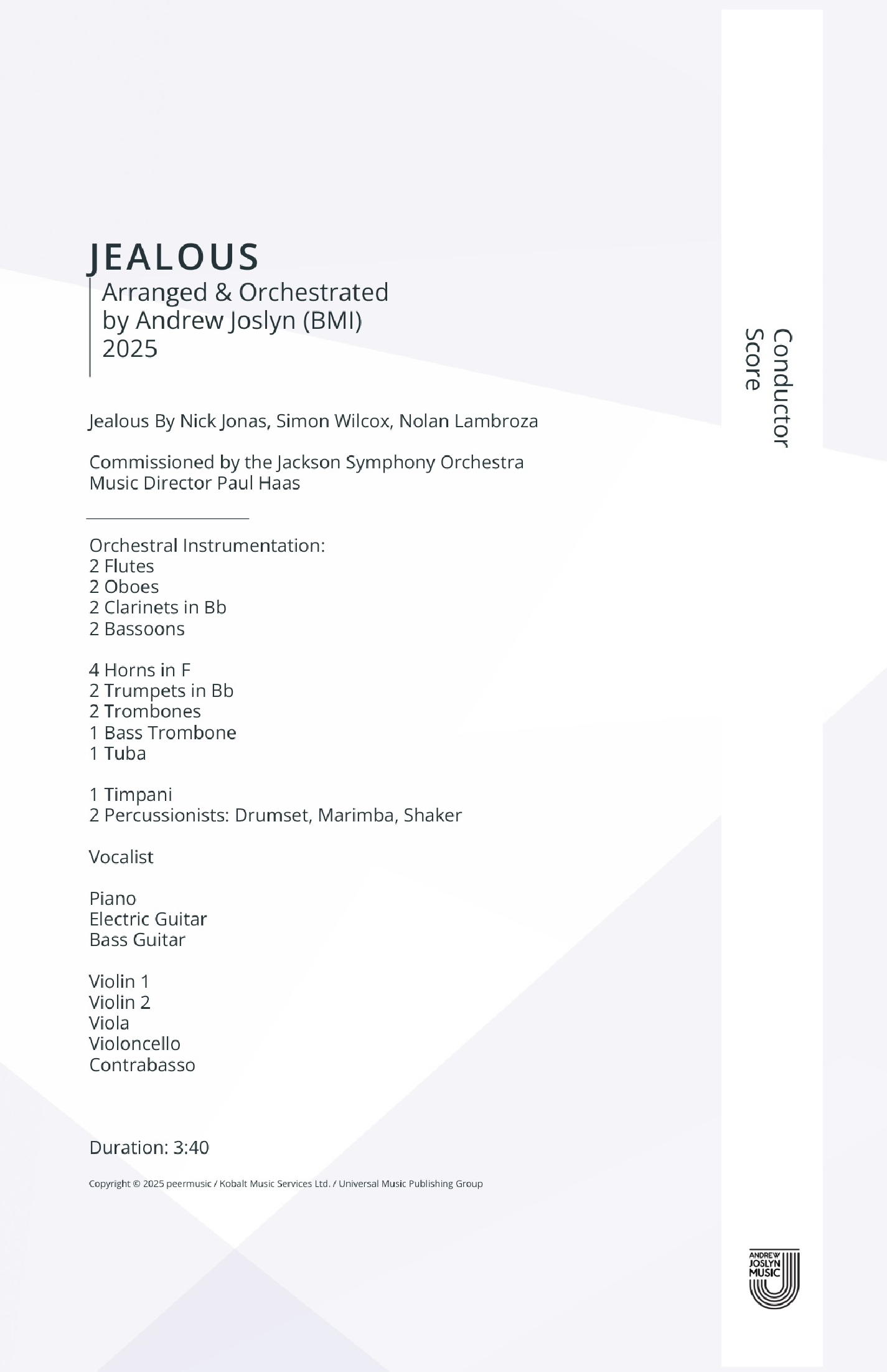 Jealous (arr. Andrew Joslyn) by Nick Jonas Sheet Music for Full ...