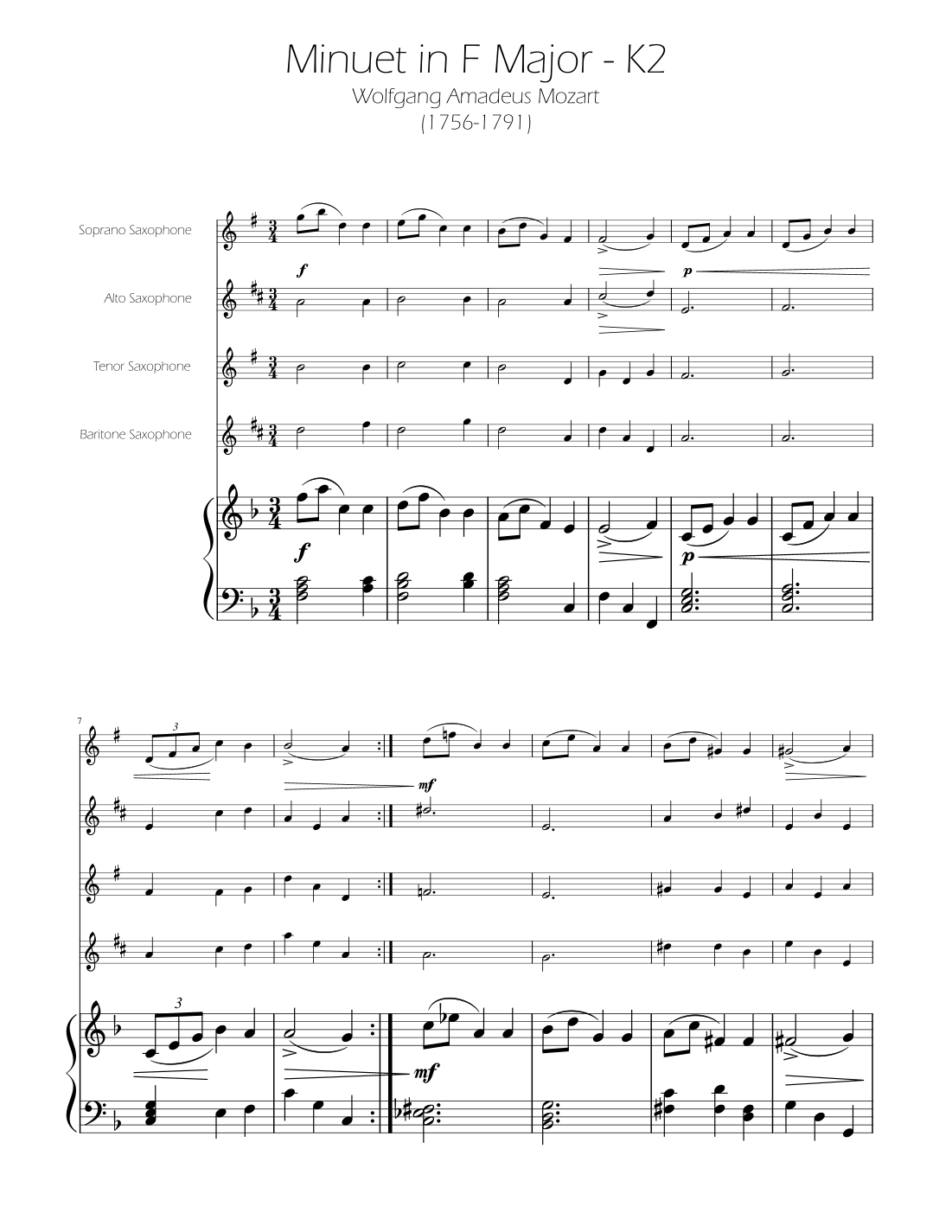 Mozart - Minuet in F Major K2 - Sax Quartet SATB (arr. Ygor Nunes) by ...