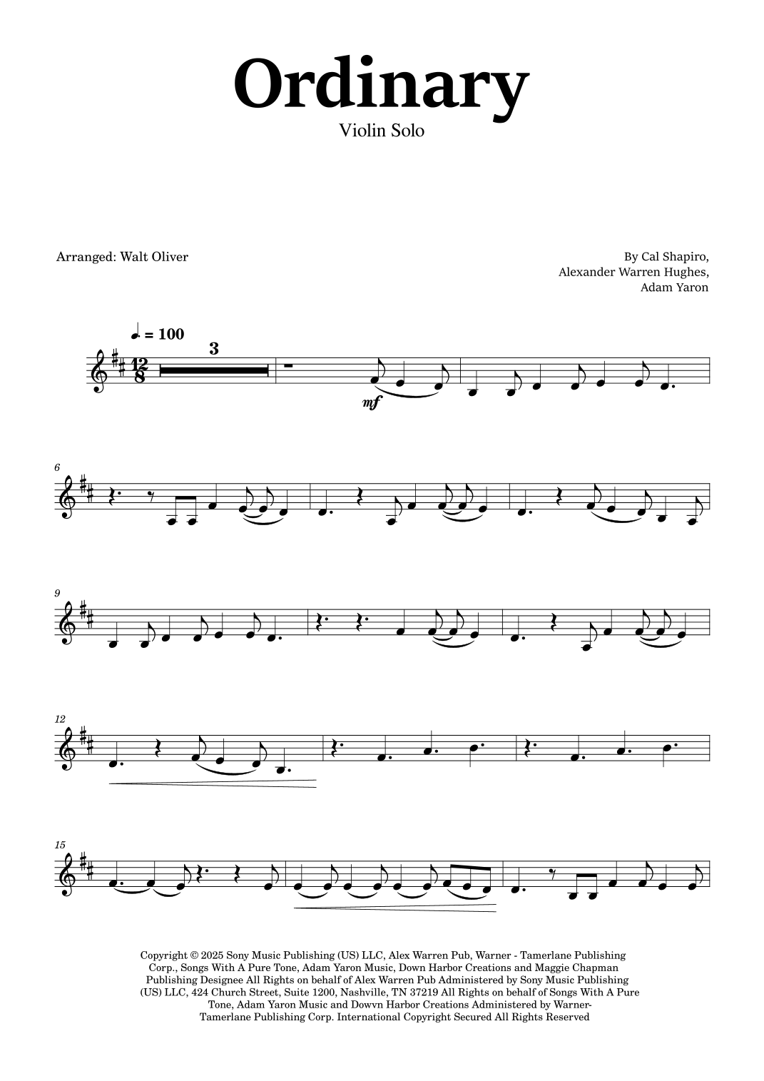 Ordinary (arr. Walt Oliver) by Alex Warren Sheet Music for Violin Solo ...