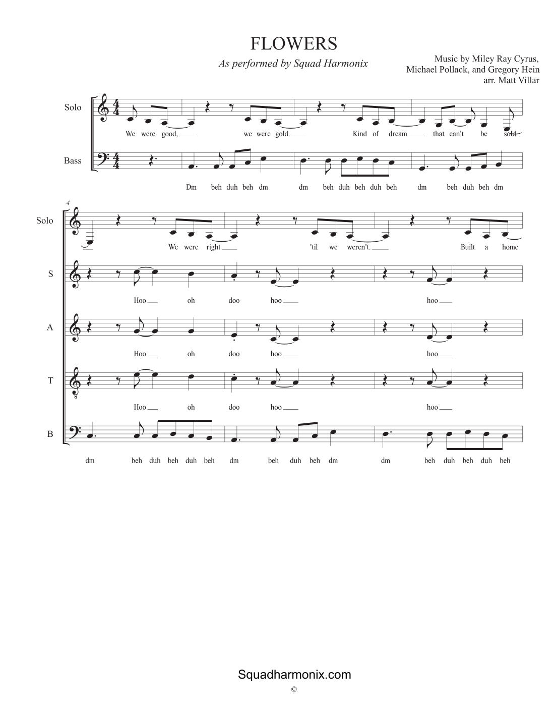 Flowers (arr. Matt Villar) by Miley Cyrus Sheet Music for SATB divisi ...