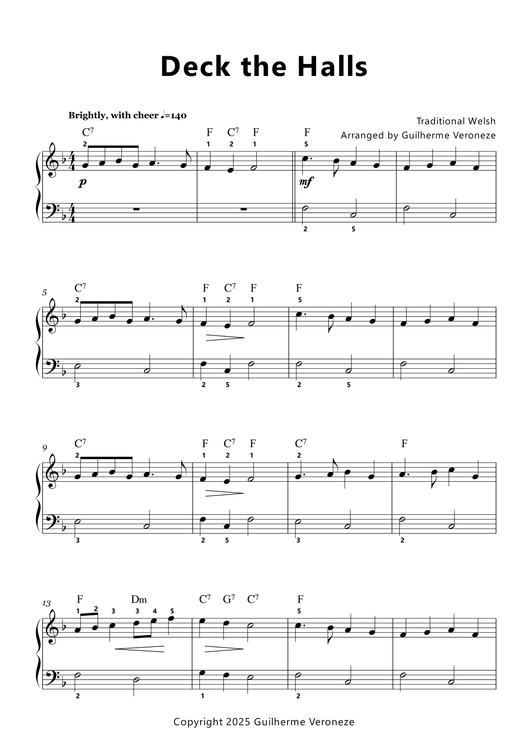 Deck the Halls (arr. Guilherme Veroneze) by Christmas Carol Sheet Music ...
