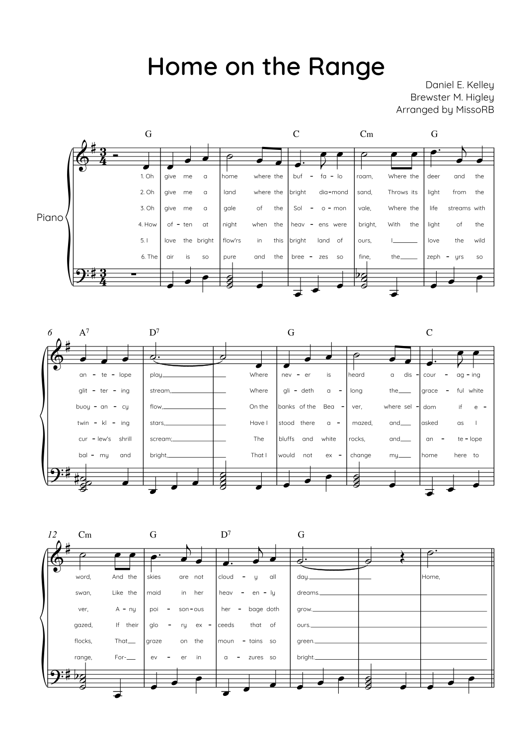 Home on the Range - Piano in G With Chords & Lyric - Easy (arr. MissoRB ...