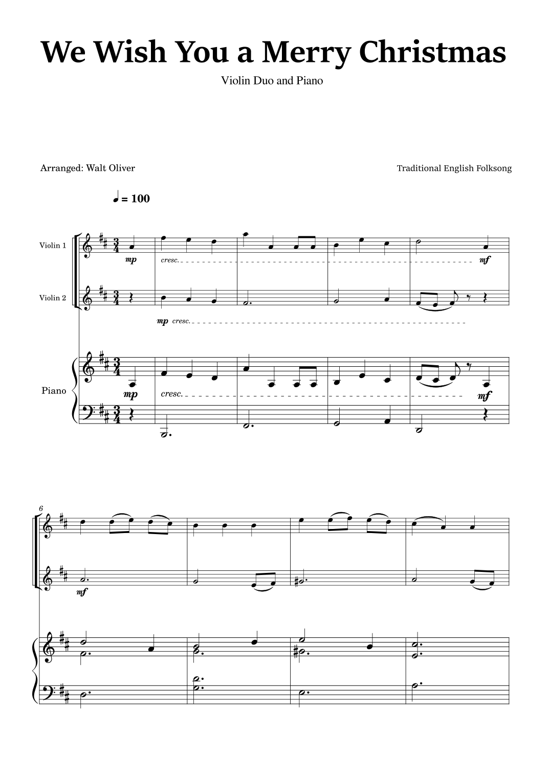 We Wish You a Merry Christmas - Violin Duet and Piano - D major (arr ...
