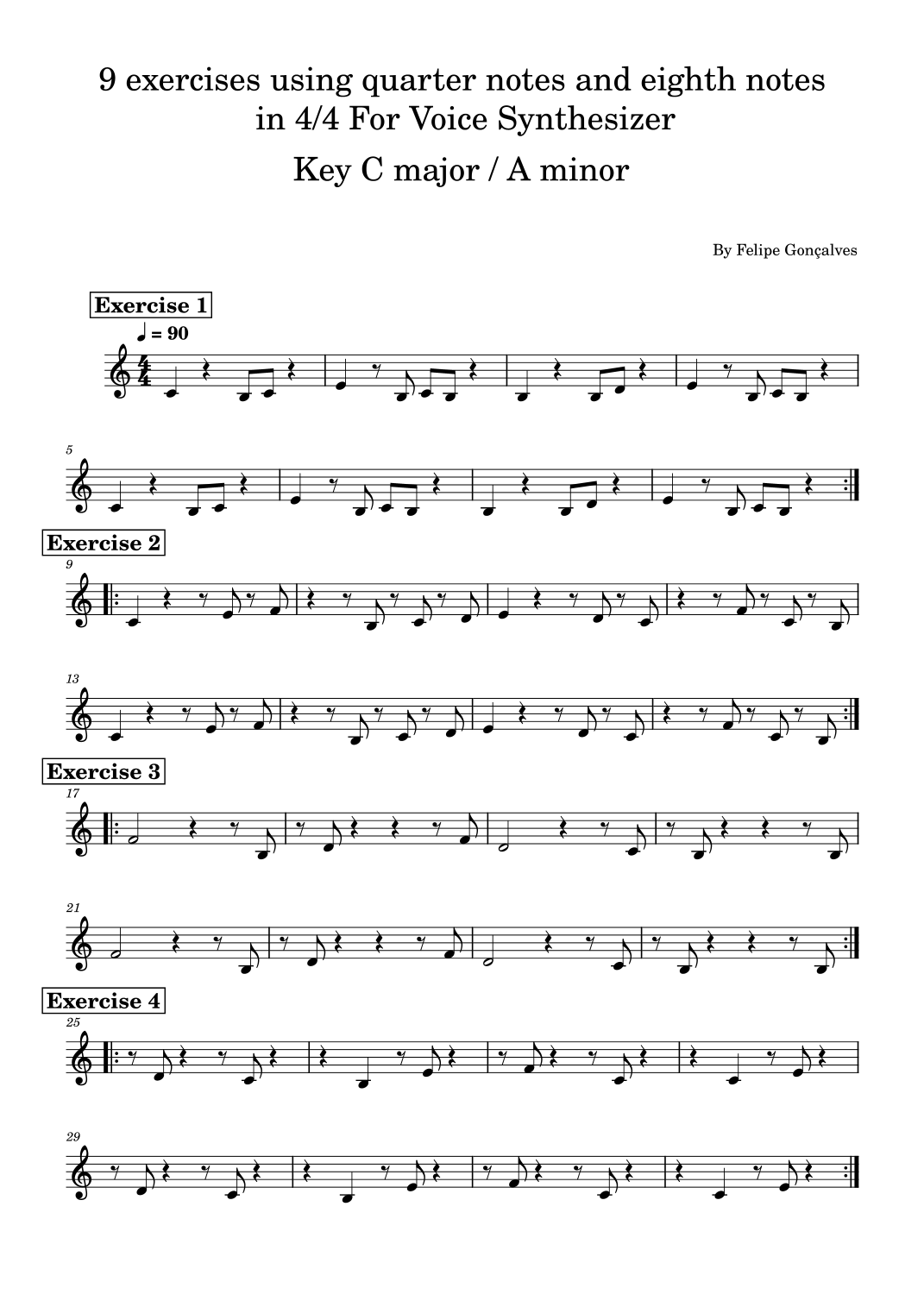 9 exercises using quarter notes and eighth notes in 4/4 For Voice ...