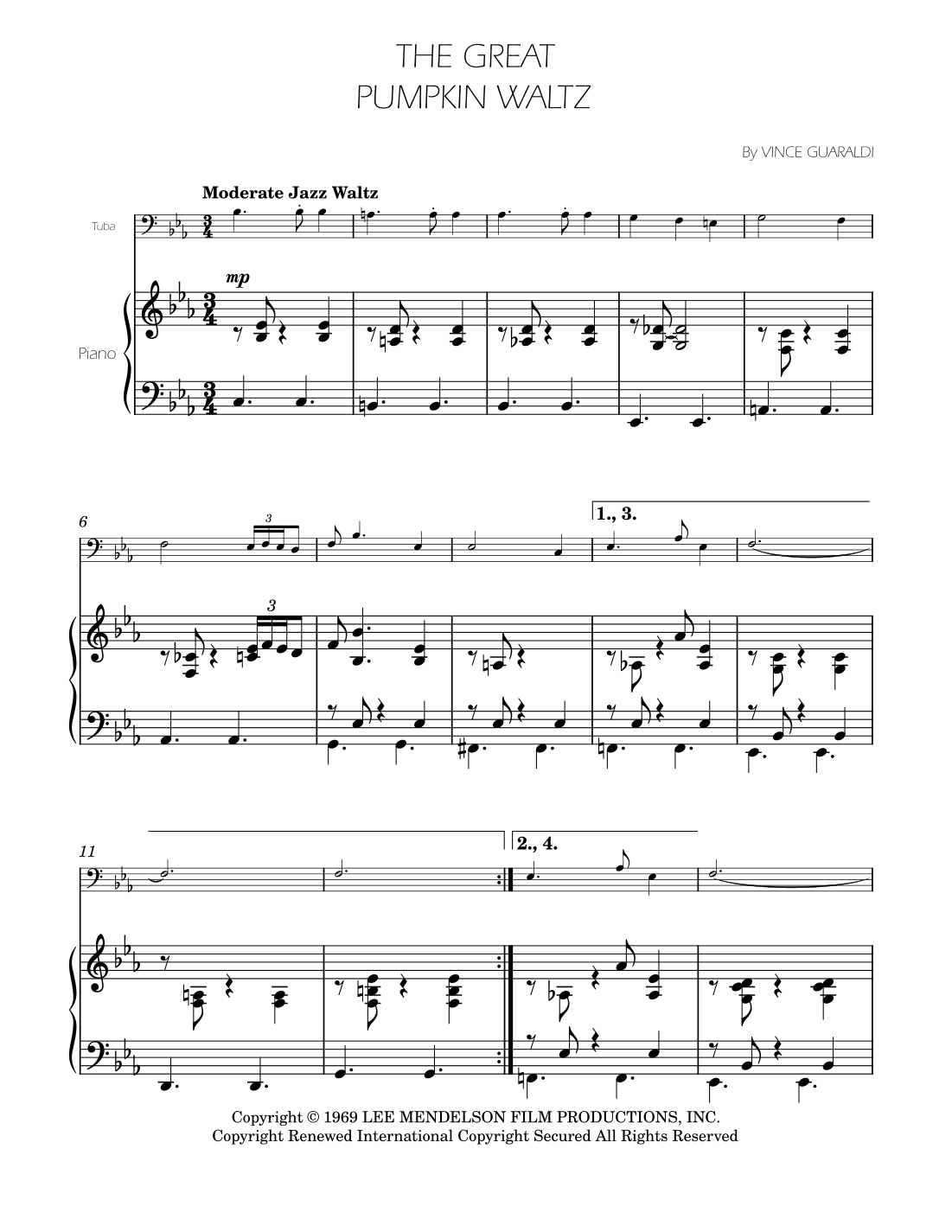 The Great Pumpkin Waltz (arr. Ygor Nunes Silva) by Vince Guaraldi Sheet Music for Tuba and Piano ...