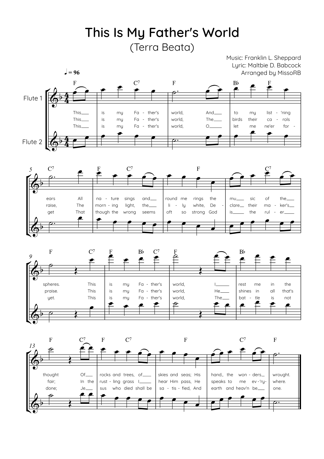 This Is My Father's World (Terra Beata) - Flute Duet in F - Easy With ...