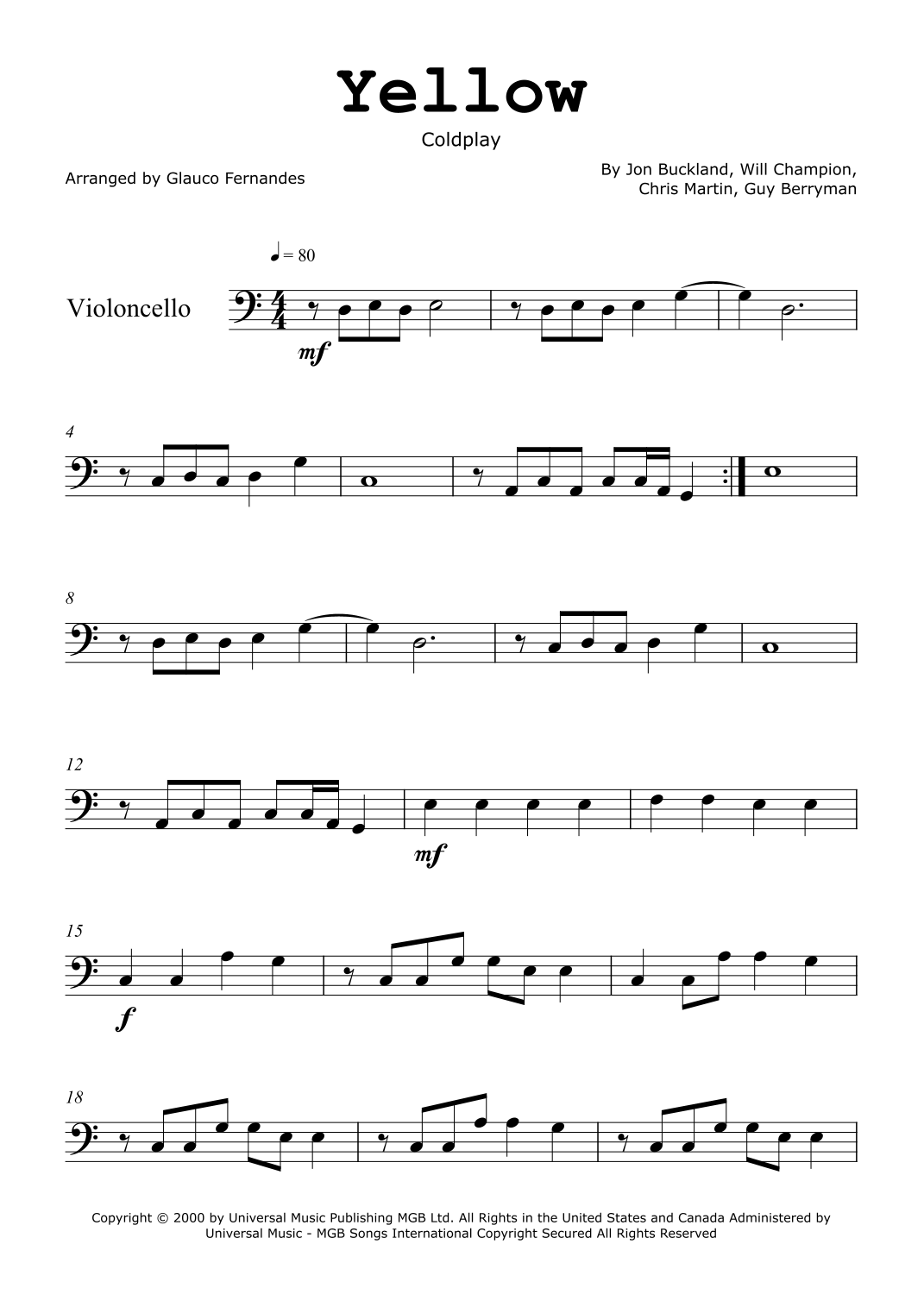 Yellow (arr. Glauco Fernandes) by Coldplay Sheet Music for Cello Solo ...