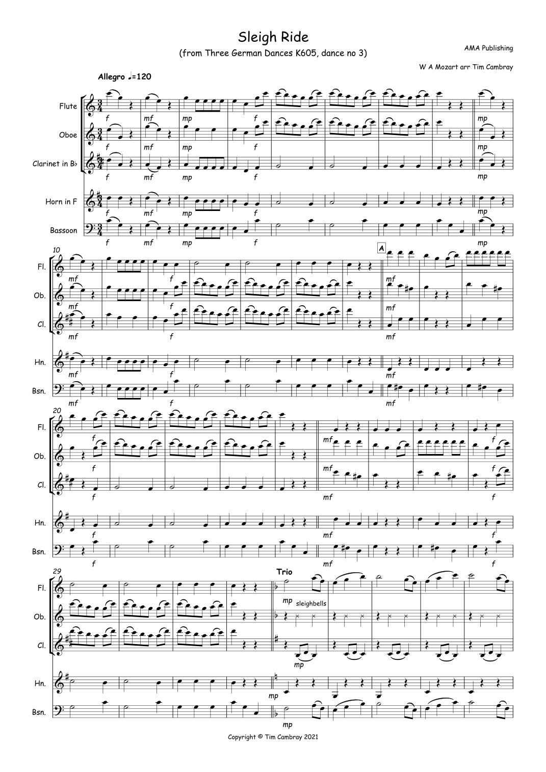 Sleigh Ride (arr. Tim Cambray) by W A Mozart Sheet Music for Woodwind ...