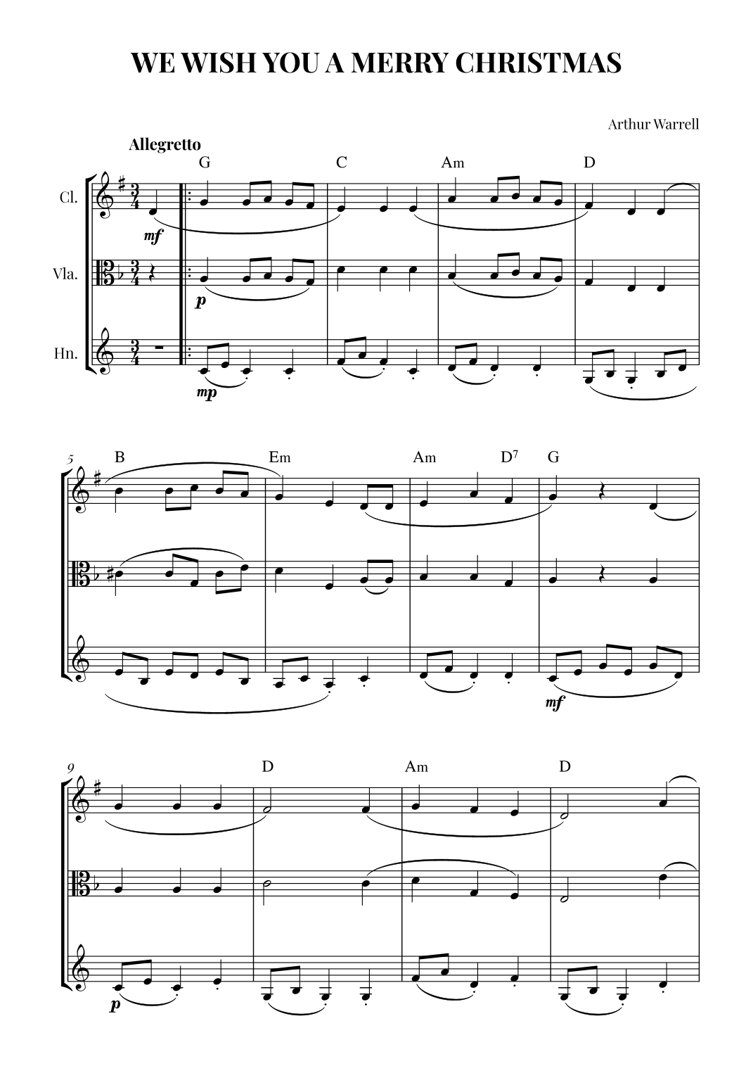 We Wish You a Merry Christmas - for Clarinet, Viola and Horn in F (with ...