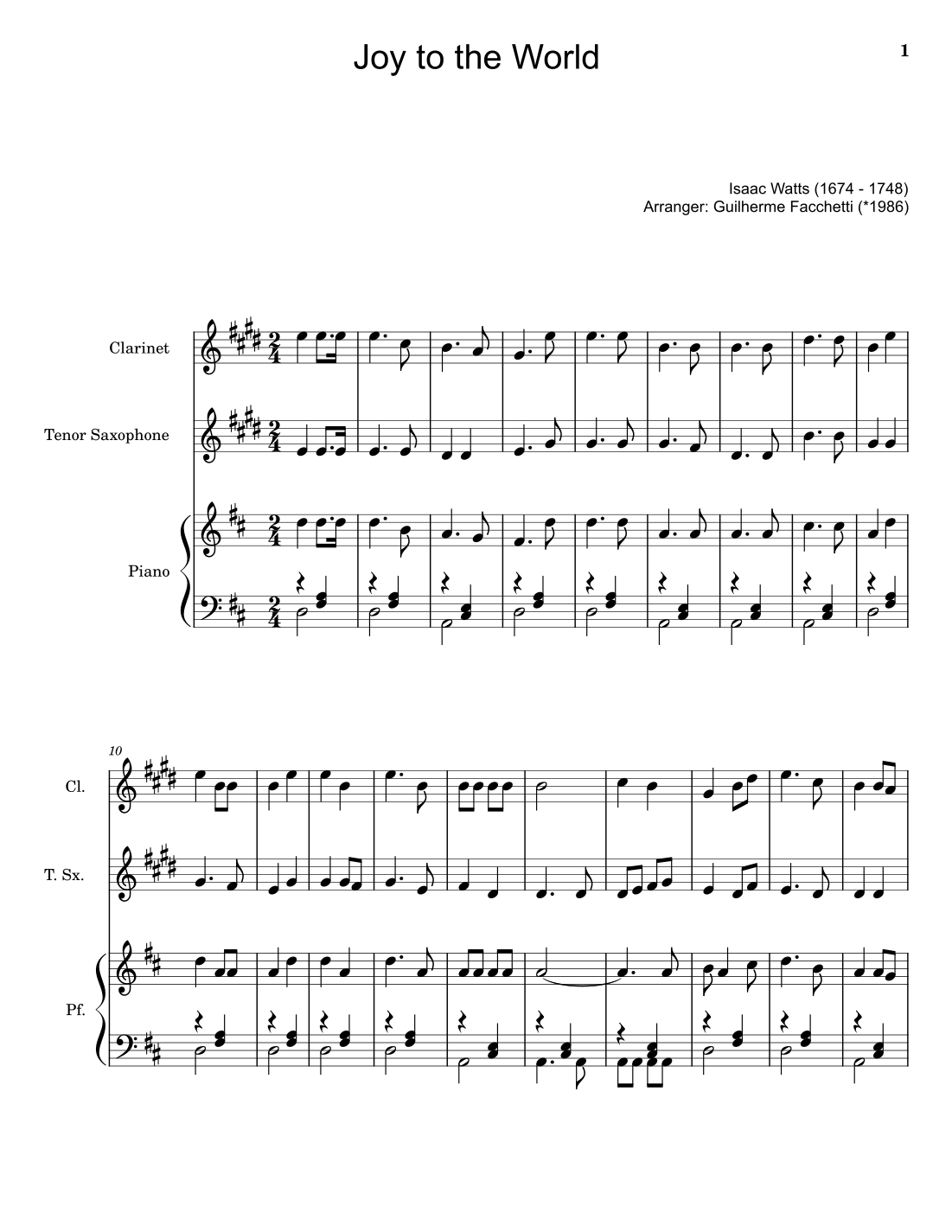 Joy to the World - Clarinet, T. Sax. and Piano. With Parts. (arr ...