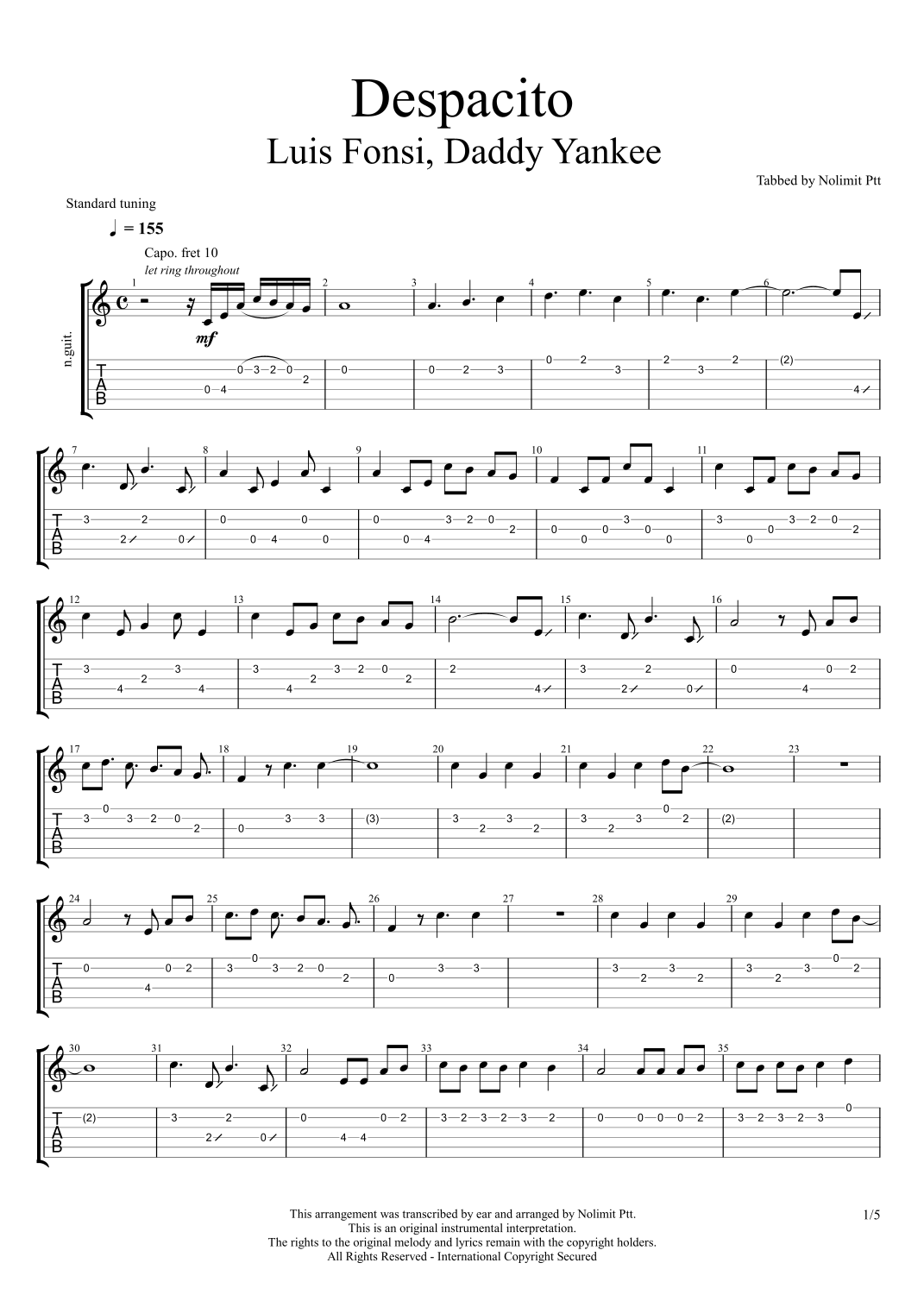 Despacito (arr. Righty) by Lüis Fonsi Sheet Music for Easy Guitar Tab ...