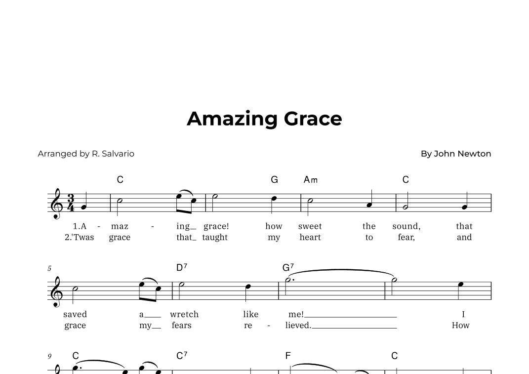 Amazing Grace (Key of C Major) (arr. R. Salvario) by John Newton Sheet ...