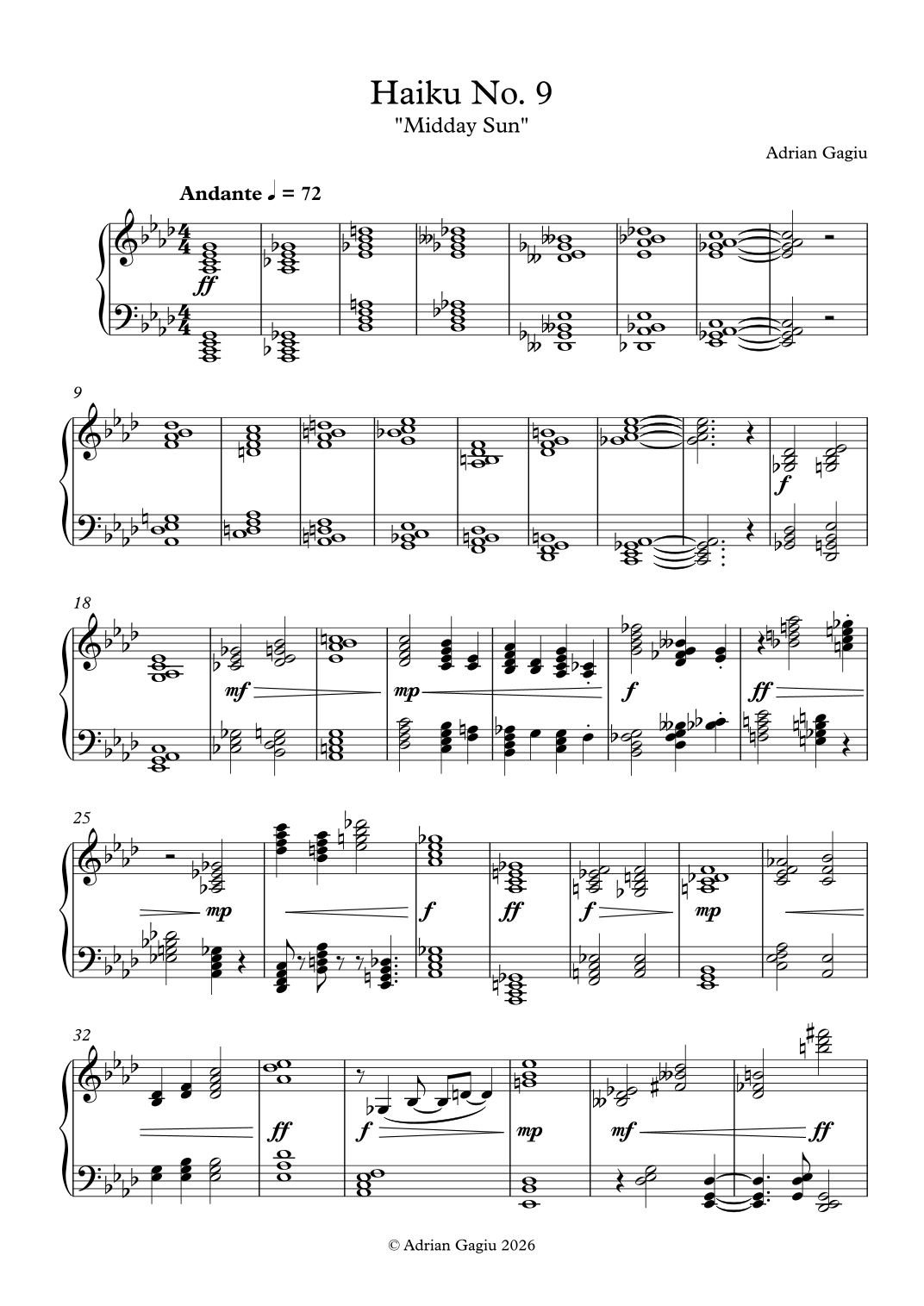 Haiku No. 9 "Midday Sun" par Adrian Gagiu Partitions pour Piano solo ...