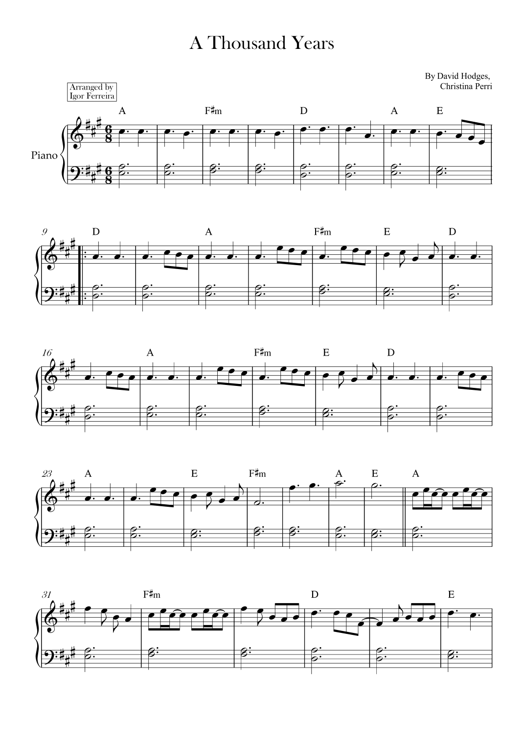 A Thousand Years (arr. Igor Ferreira) by Christina Perri Sheet Music ...