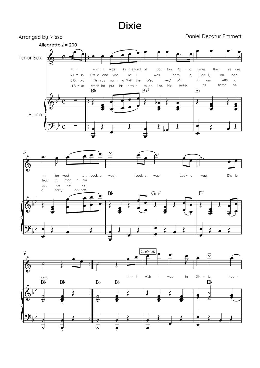 Dixie - Flute & Piano in Bb Major With Lyric (arr. MissoRB) by Daniel ...