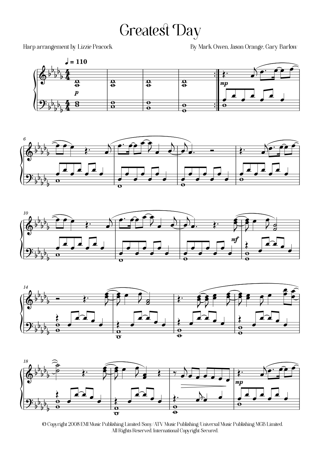Greatest Day (arr. Lizzie Peacock) by Take That Sheet Music for Harp at ...