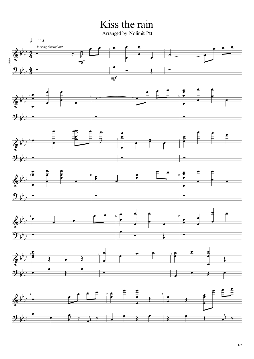 Kiss the rain (arr. Nolimit Ptt) Sheet Music | Yiruma | Piano Solo