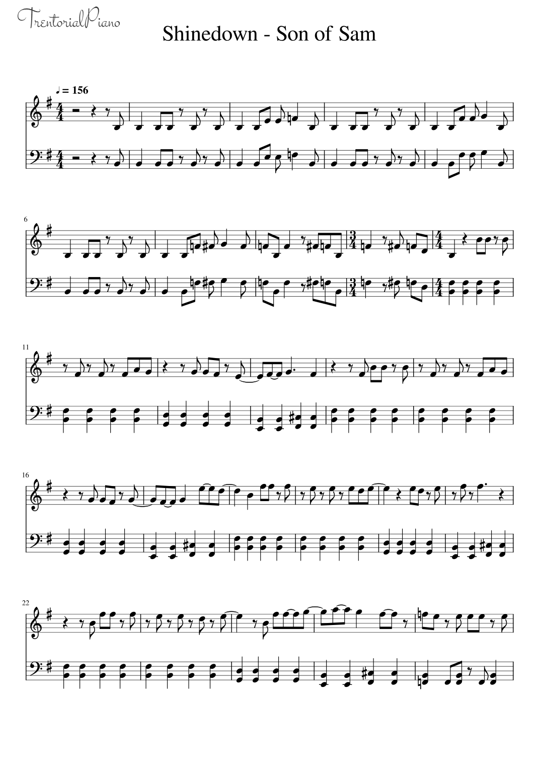 Son Of Sam (arr. Trentorial Piano) by Brent Smith Sheet Music for Piano ...