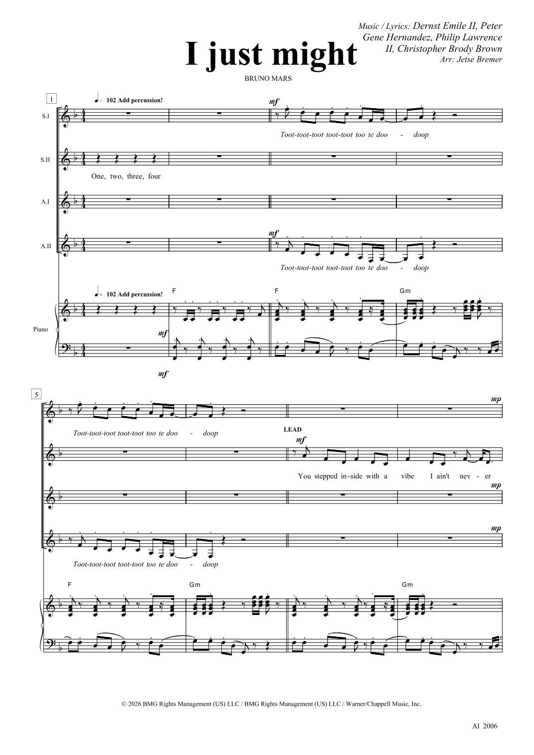 I Just Might (arr. Jetse Bremer por Bruno Mars Partituras para Coro en ...