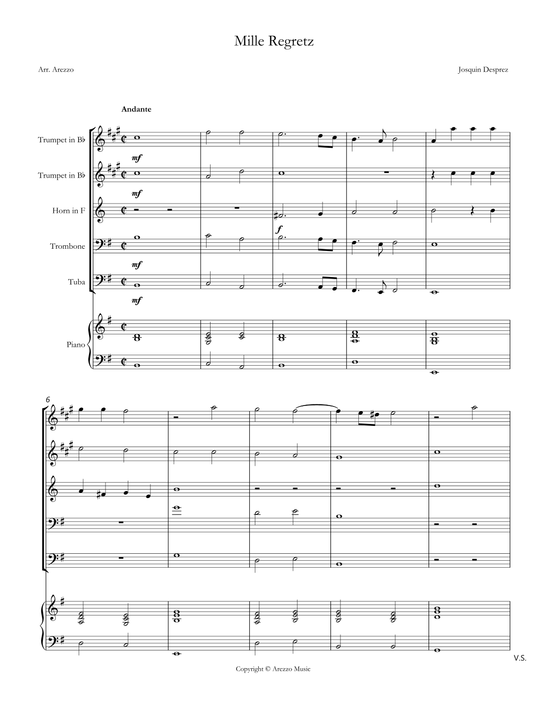 Josquin des Prez – Mille Regretz | Brass Quintet Sheet Music with Chord ...