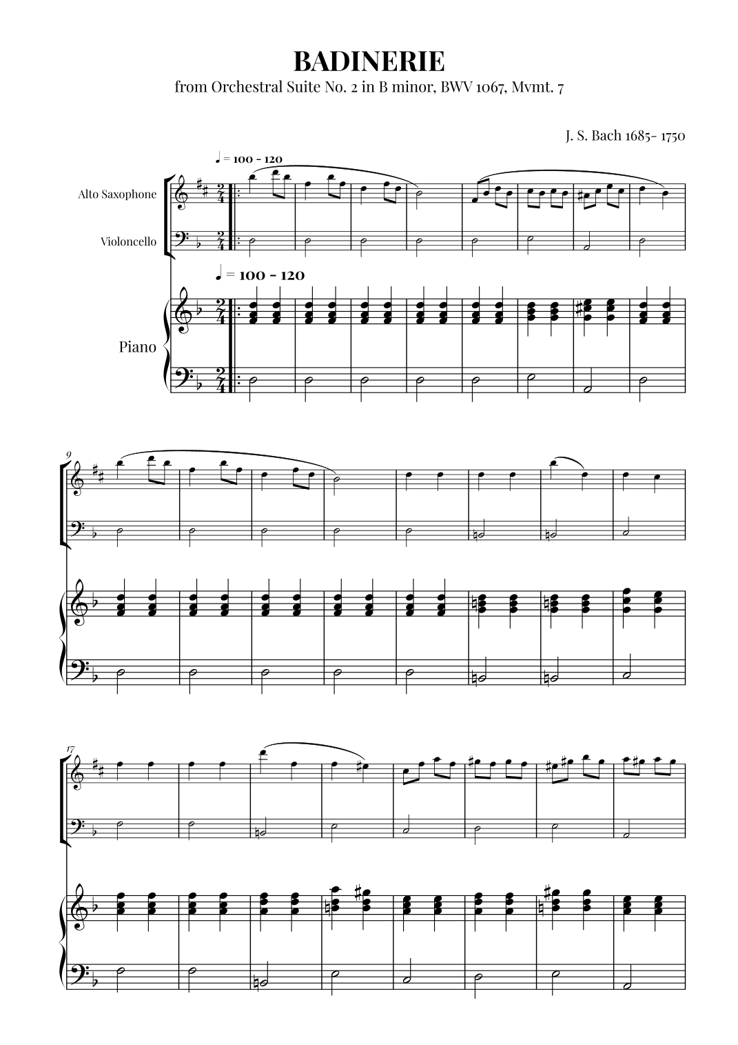 Badinerie (BWV 1067) - Easy Alto Saxophone, Cello and Piano (arr ...