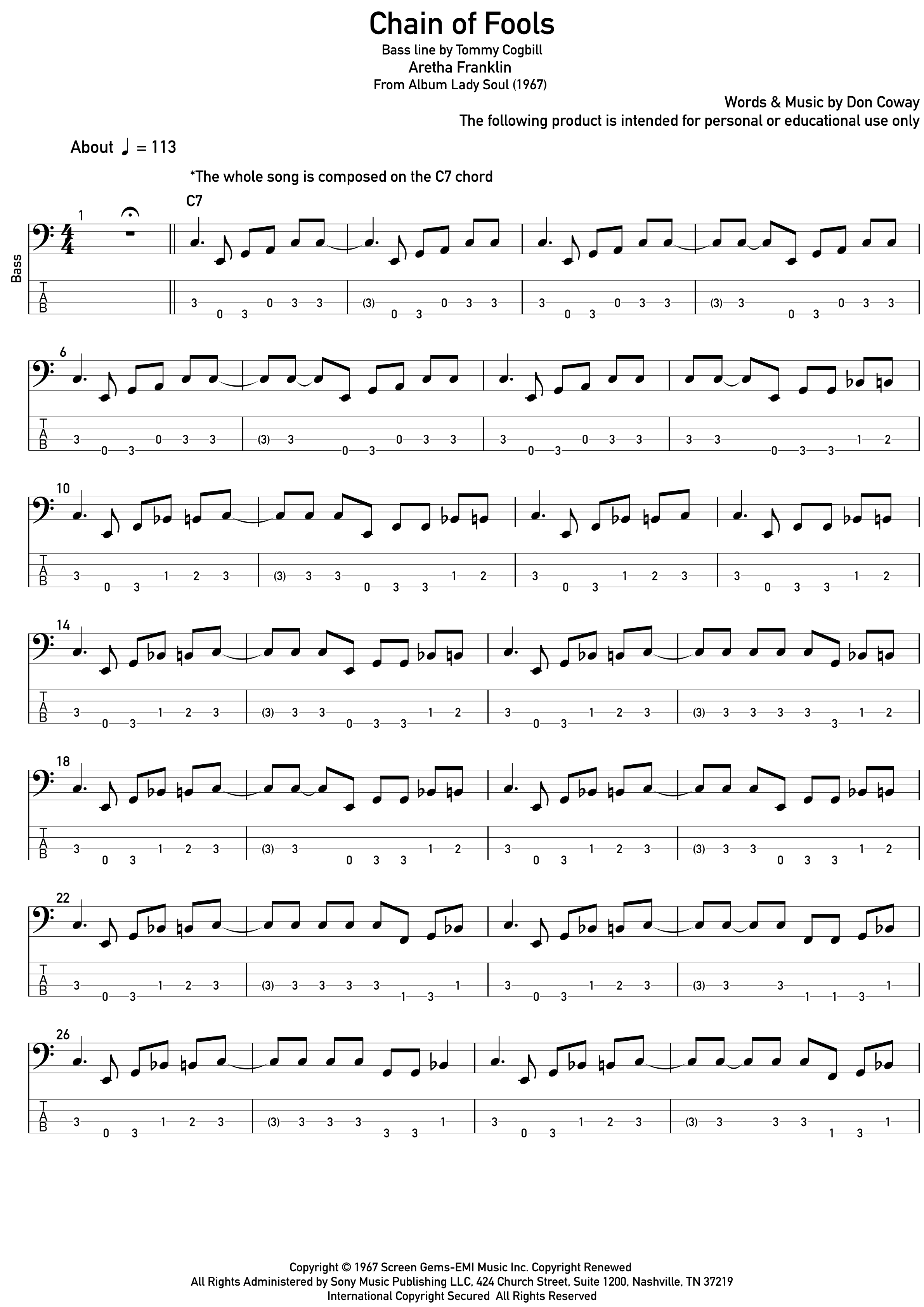 Chain Of Fools (arr. Igor Sardi Bass) Sheet Music | Jimmie Fadden | Bass Guitar Tab