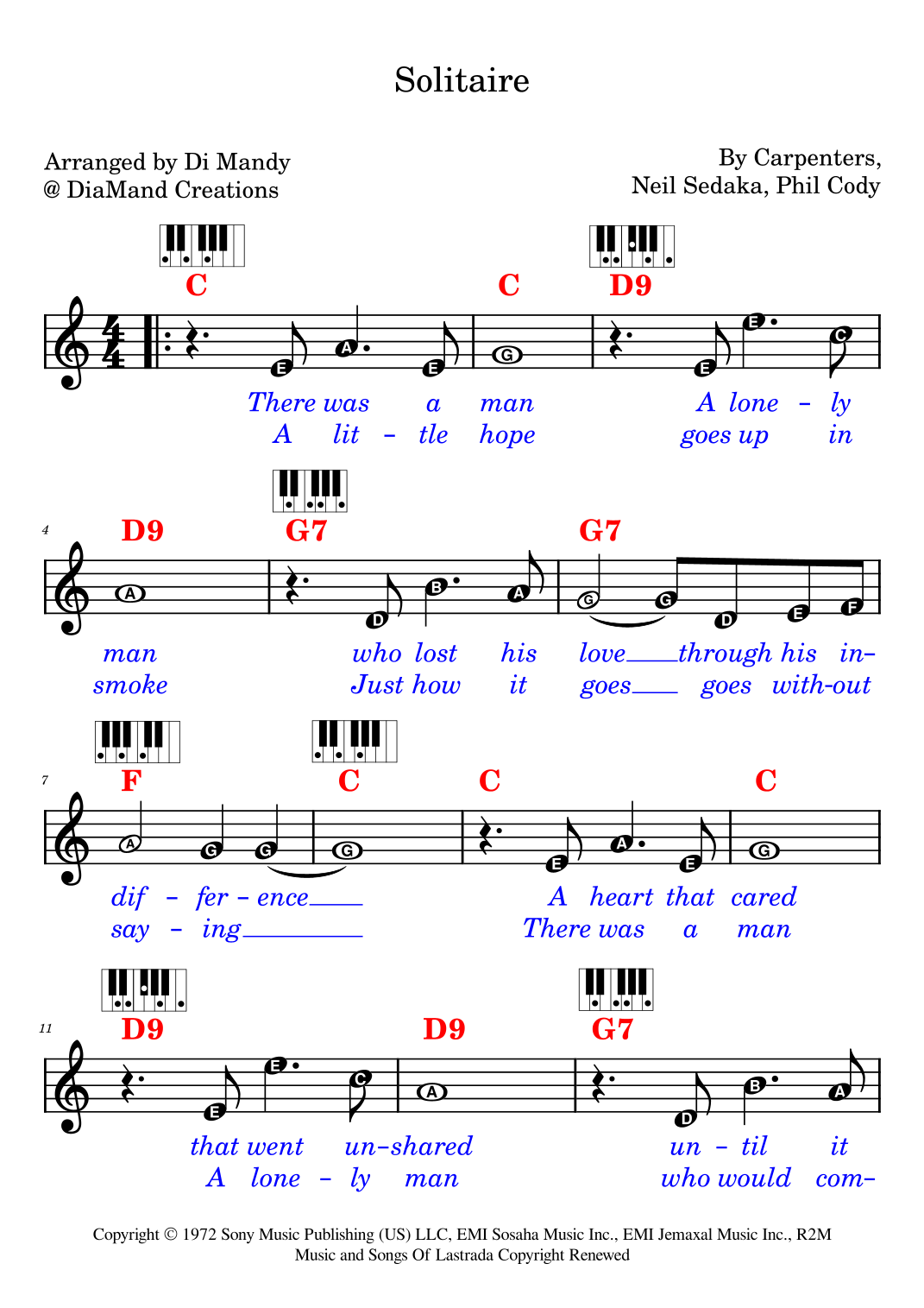 Solitaire (arr. Dianne Mandy) by The Carpenters Sheet Music for Lead ...