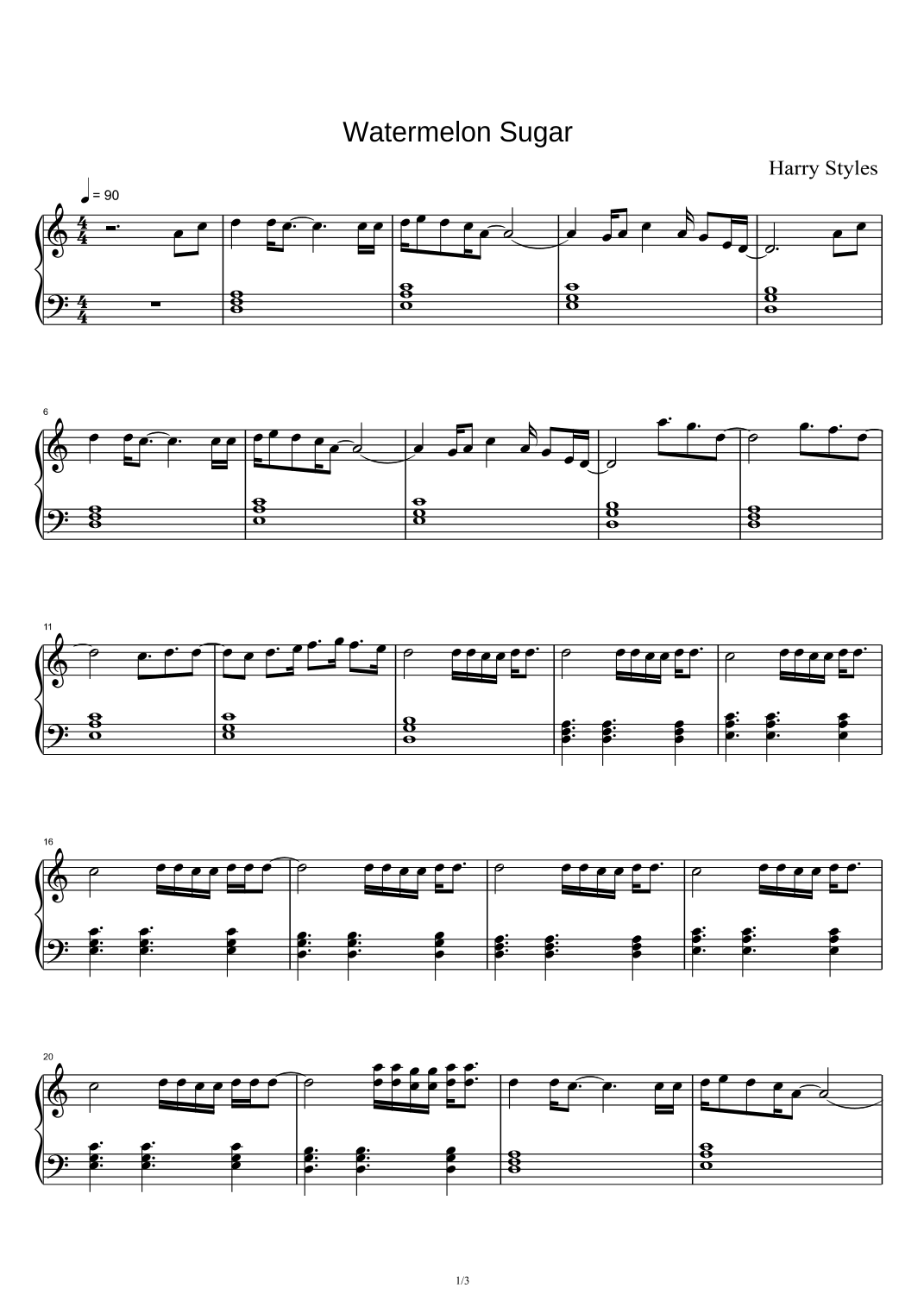 Watermelon Sugar (arr. Harry Styles) by Harry Styles Sheet Music for ...