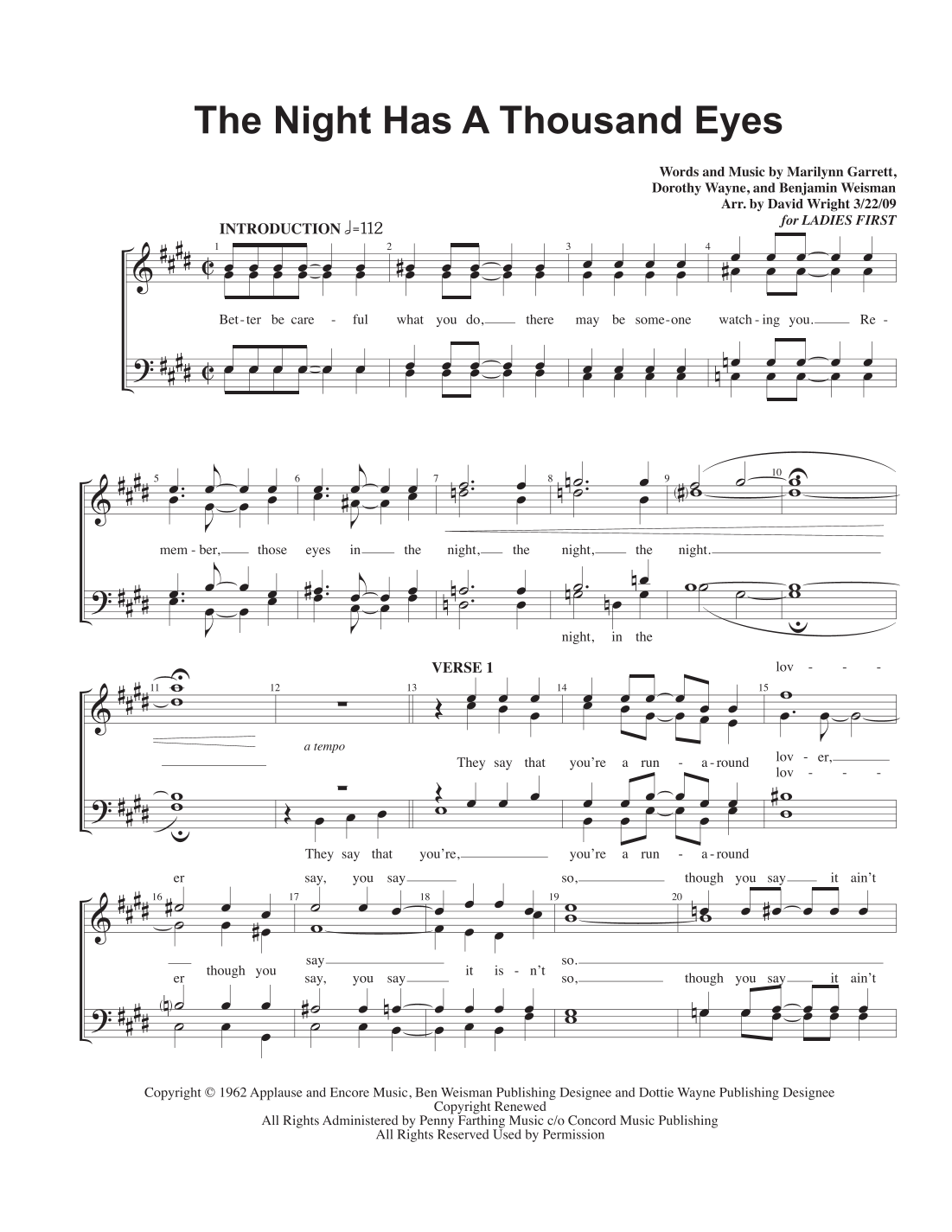 The Night Has A Thousand Eyes (arr. David Wright) by Bobby Vee Sheet ...