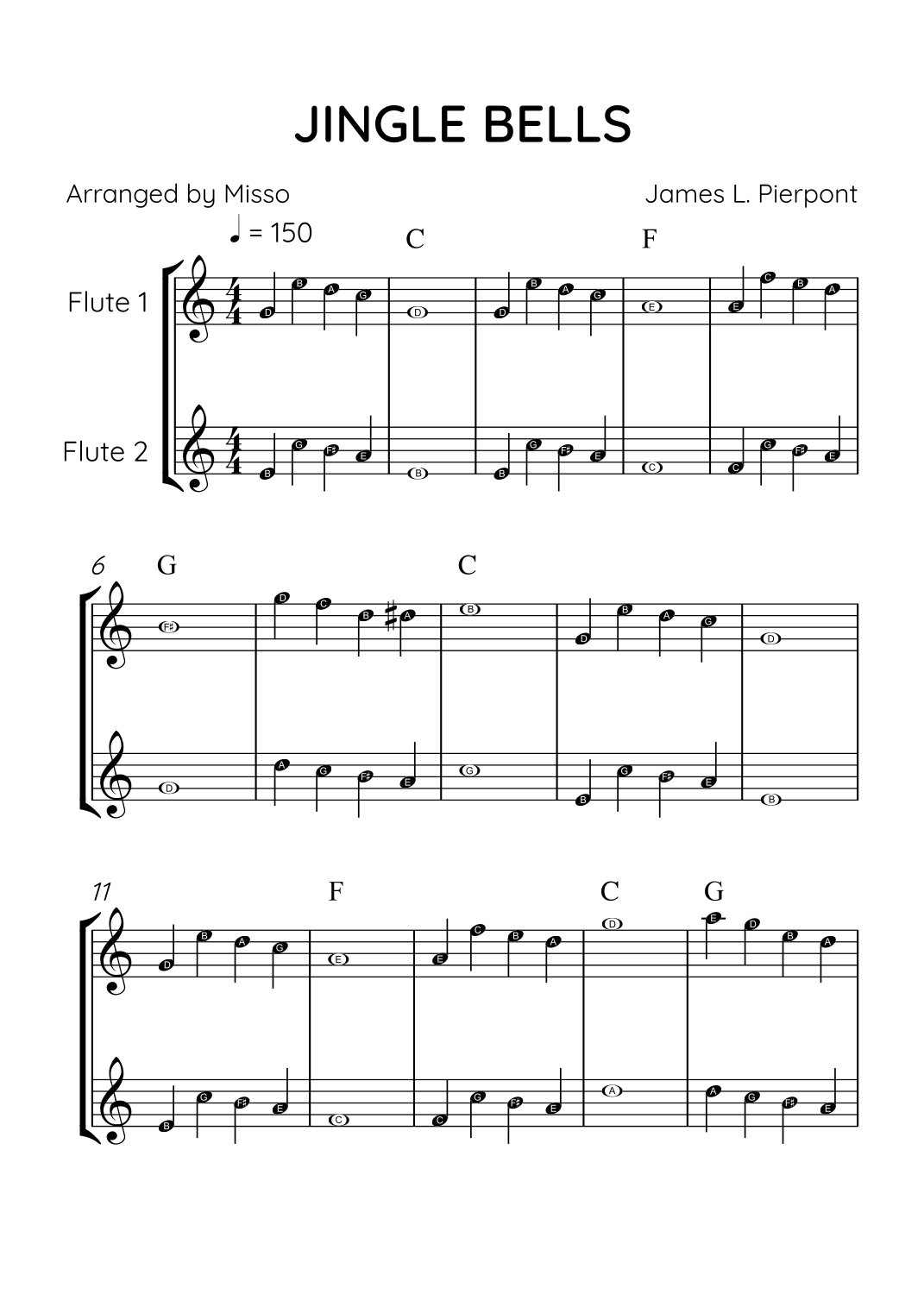 Jingle Bells - Flute Duet in C Major - Beginner With Chords & Letter ...