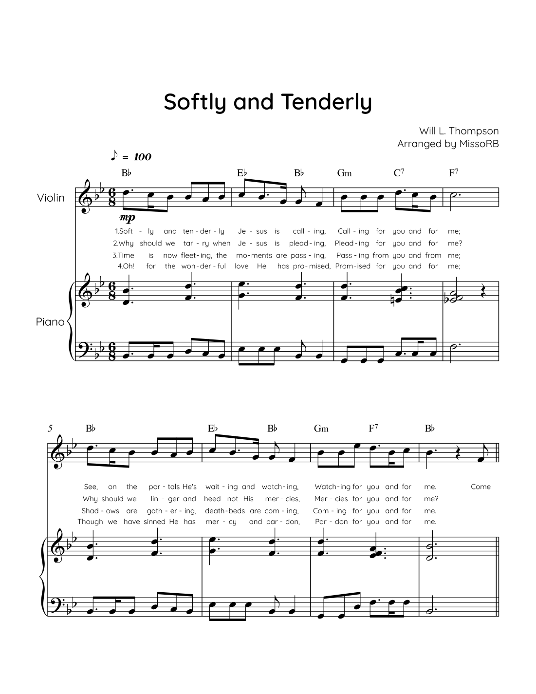Softly and Tenderly - Violin & Piano in Bb With Chords & Lyric - Easy ...