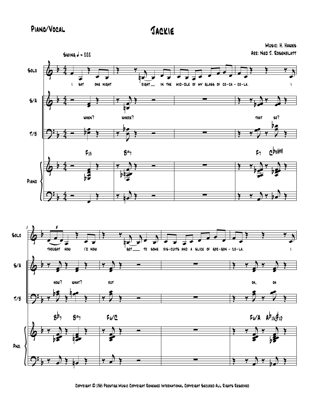 Jackie (arr. Ned J. Rosenblatt) by Hampton Hawes Sheet Music for Vocal ...