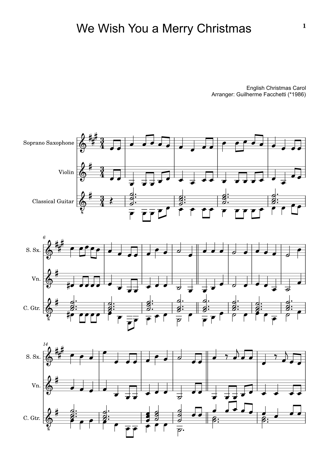 We Wish You a Merry Christmas - For S. Sax., Violin and Guitar. With ...