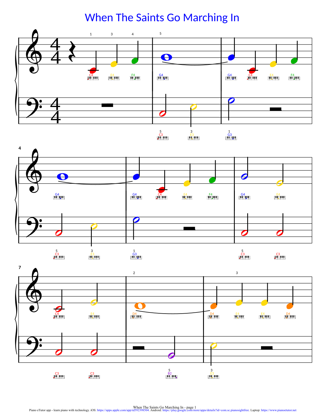 "When The Saints Go Marching In" - Color-coded simple piano sheet music ...