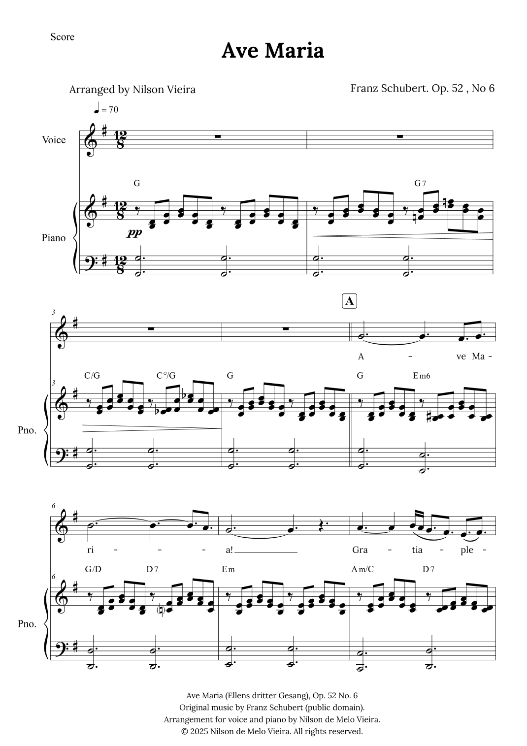Ave Maria - Franz Schubert - Voice and Easy Piano (Key of G Major) (arr ...