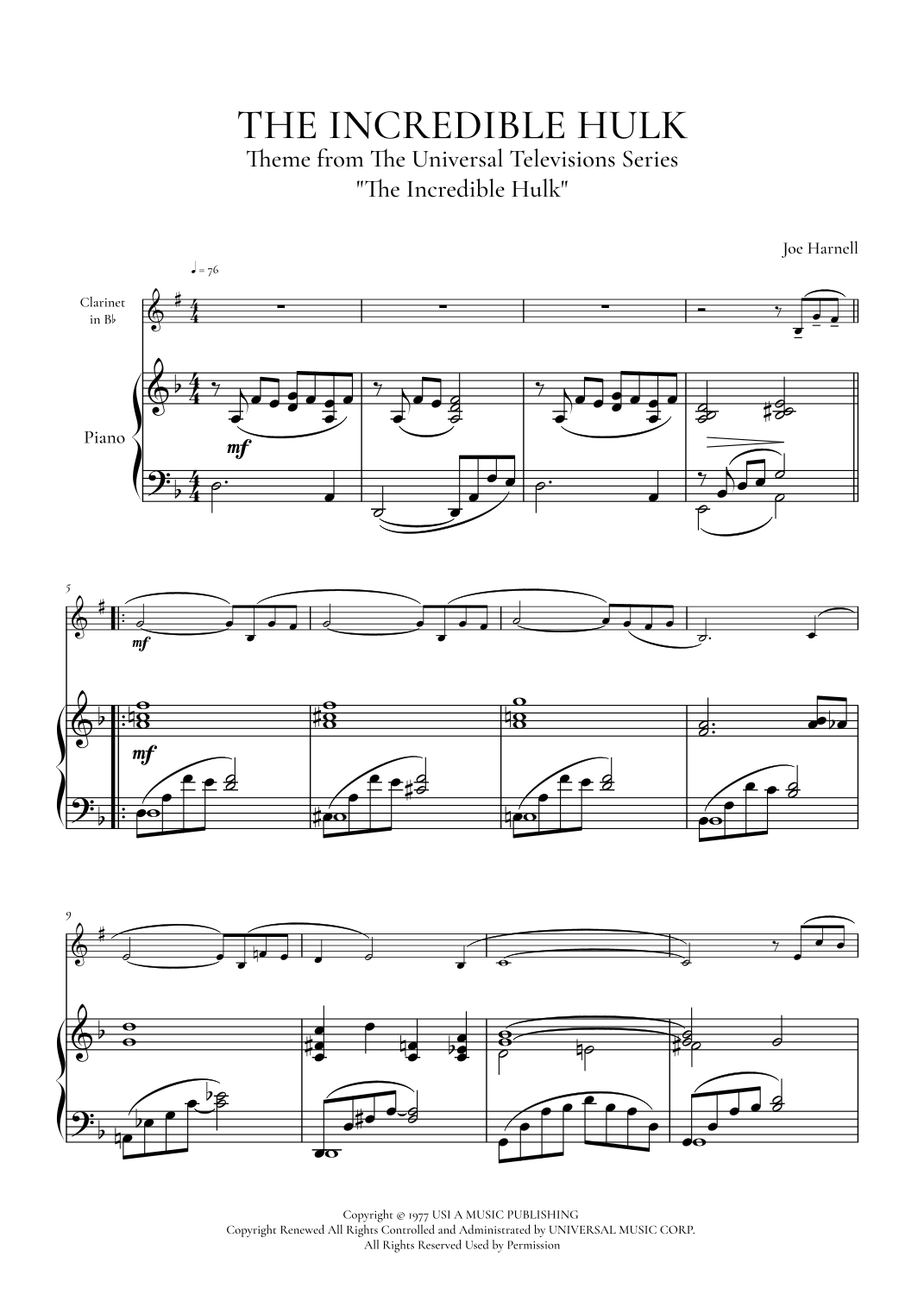 The Incredible Hulk (arr. Phee) by Joe Harnell Sheet Music for Clarinet ...