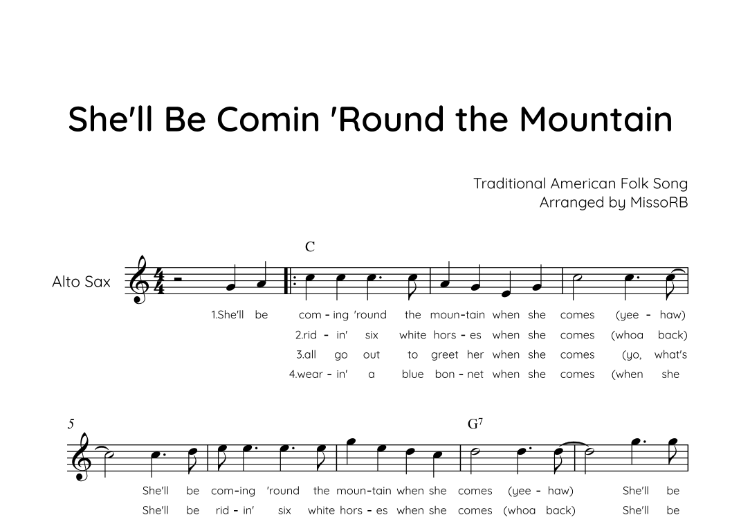 She'll Be Comin''Round the Mountain - Alto Sax in Eb With Chords ...