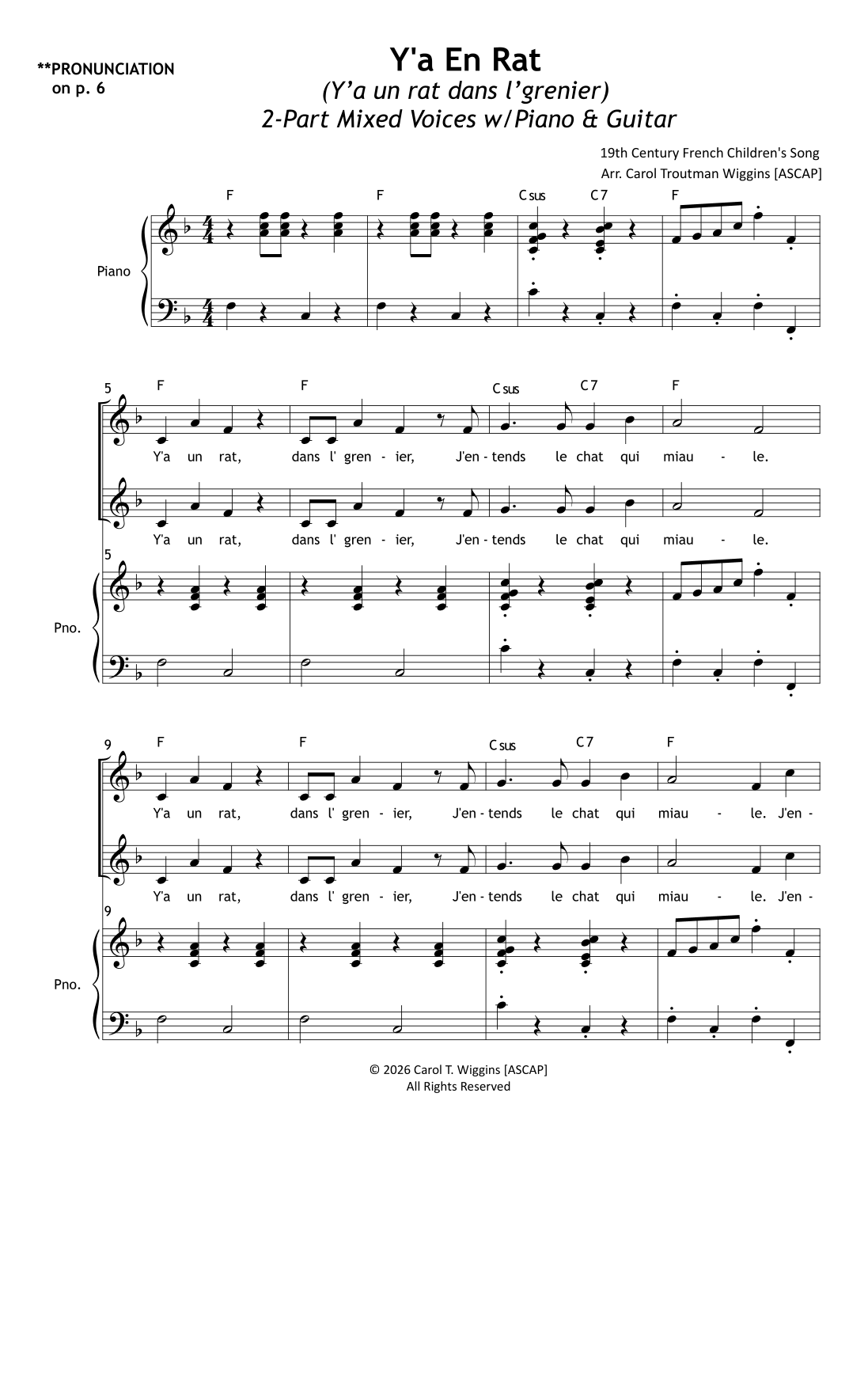 Y’A UN RAT ( Y’a un rat dans l’grenier) ~ (2-Part Mixed Voices w/Piano ...