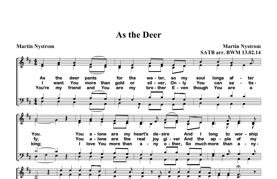 As The Deer (arr. Brian Millar by Martin Nystrom Sheet Music for SATB ...