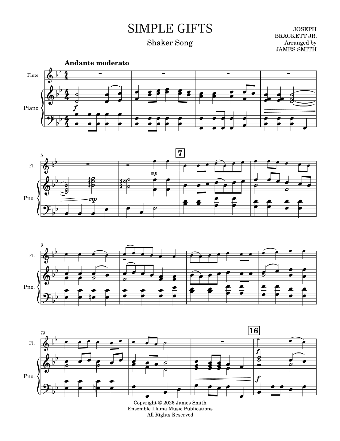 Simple Gifts - Arranged for Flute Solo & Piano Accompaniment (arr ...