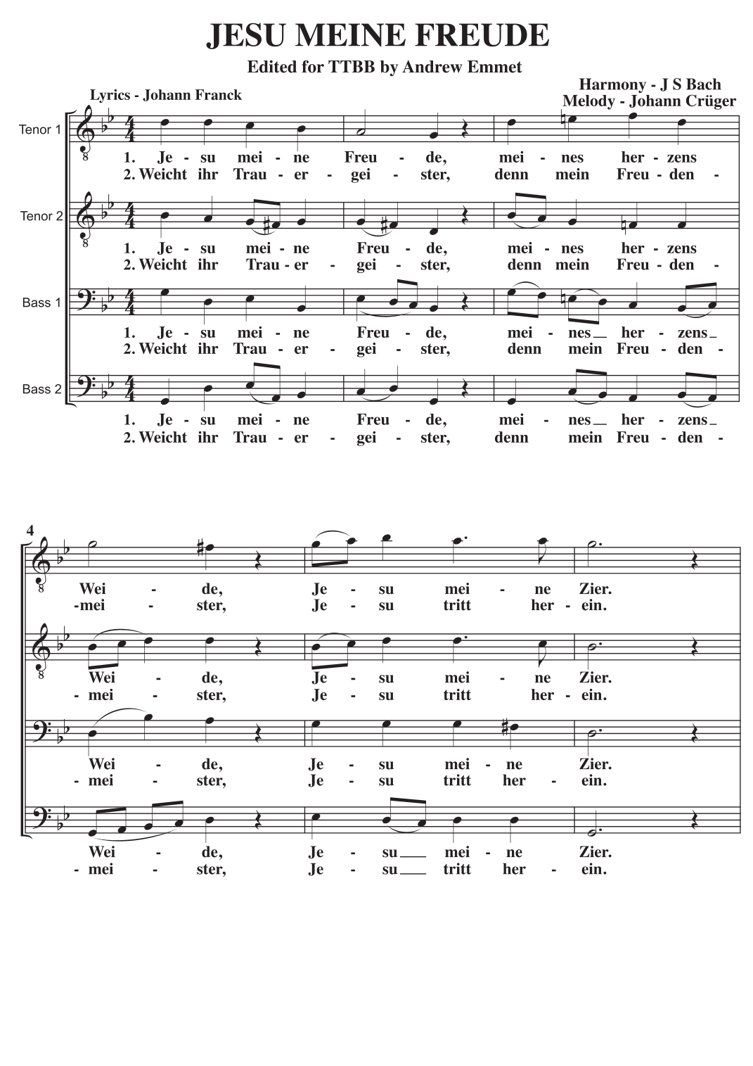 Jesu Meine Freude A Cappella in G minor TTBB. (arr. Andrew Emmet) by ...