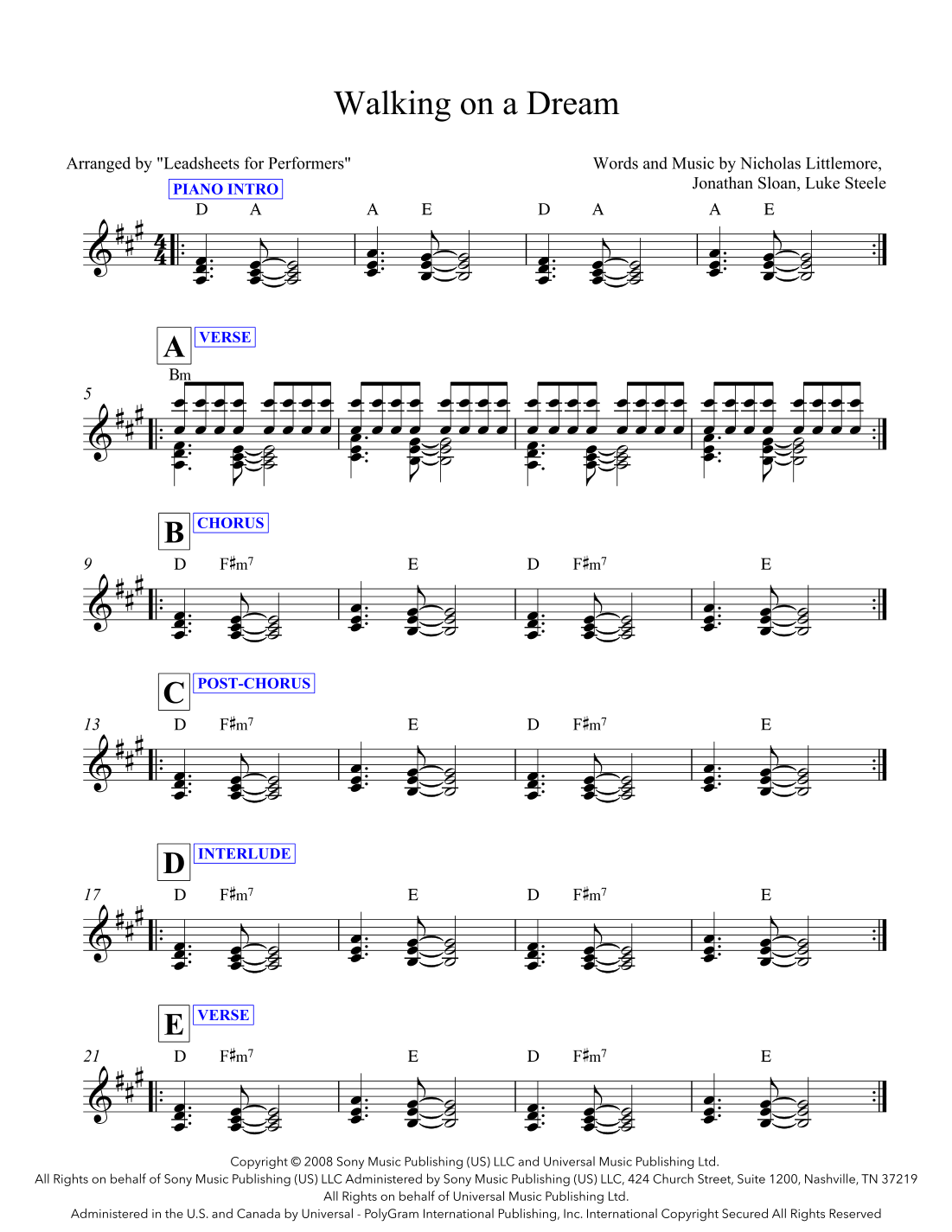 Walking On A Dream (arr. Leadsheets for Performers) by Empire Of The ...