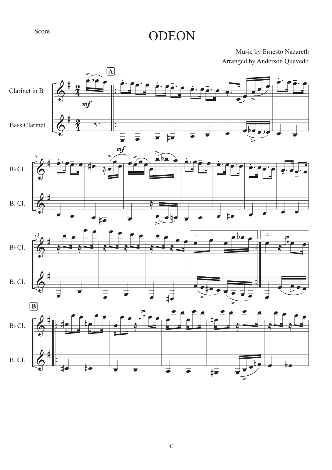 Odeon for Clarinet in Bb and Bass Clarinet Duet (arr. Anderson Quevedo) von Ernesto Nazareth ...
