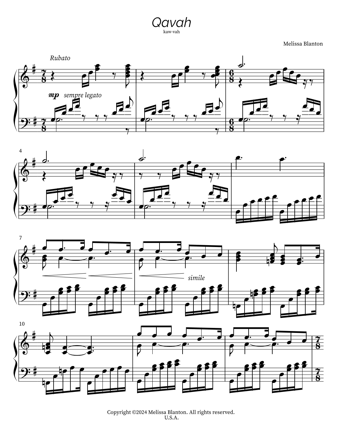 Qavah Sheet Music | Melissa Blanton | Piano Solo