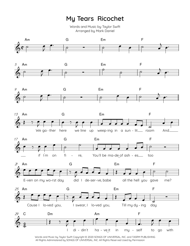 My Tears Ricochet Sheet Music Taylor Swift Lead Sheet Fake Book My Tears Ricochet Sheet Music Taylor Swift Lead Sheet Fake Book