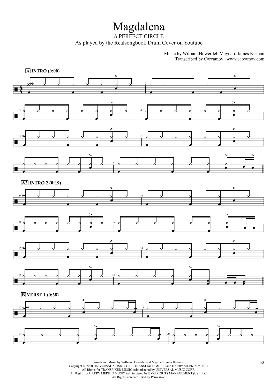 Magdalena (arr. Realsongbook) by A Perfect Circle Sheet Music for Drums ...