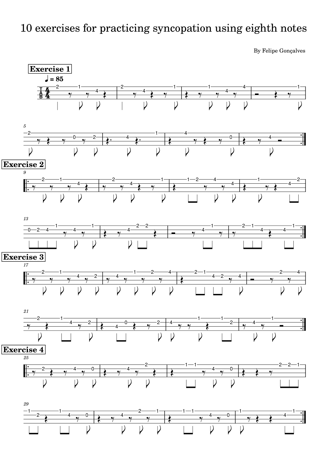 10 exercises for syncopation using eighth notes for electric bass with ...